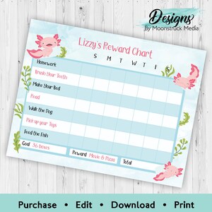 Editable Axolotl Reward Chart Printable | Cute Reading or Behavior ...