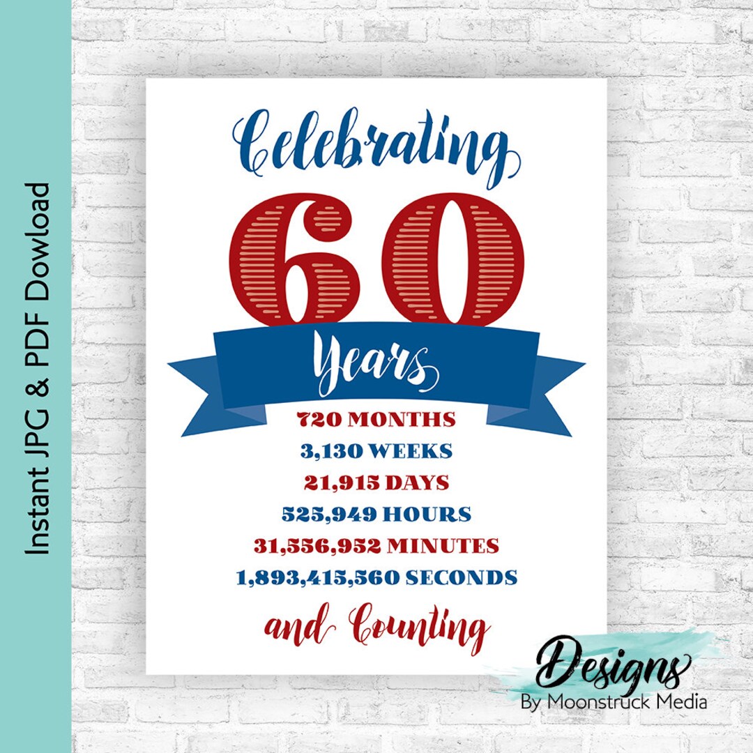 Celebrating 60 Years Sign | Red and Blue 60th Birthday Printable | Time ...