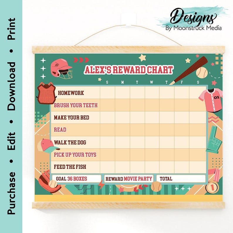 Printable Baseball Reward Chart for Kids | Editable Corjl Chore Chart ...