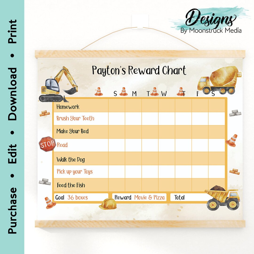 Editable Construction Reward Chart Printable | Kids Chore or Behavior ...