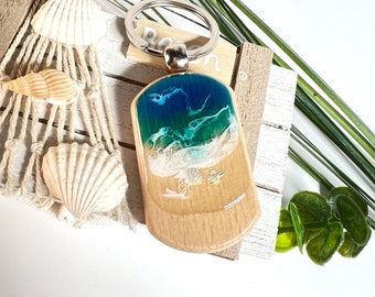 Keychain in Ocean Look, Resin, Waves, Beach, Sea, Gift, Wood, Cowrie ...