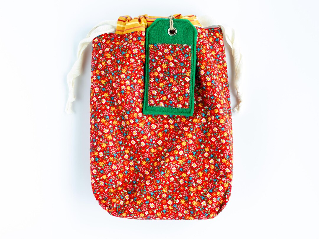 Tiny Daisy + Bold Red Reversible Fabric Gift Bag and Reusable Gift Tag ...