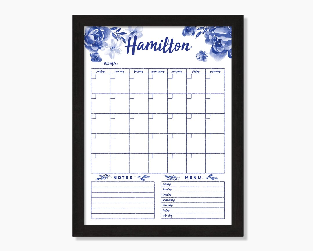 Watercolor Calendar China Blue Dry Erase Calendar MEDIUM Framed ...