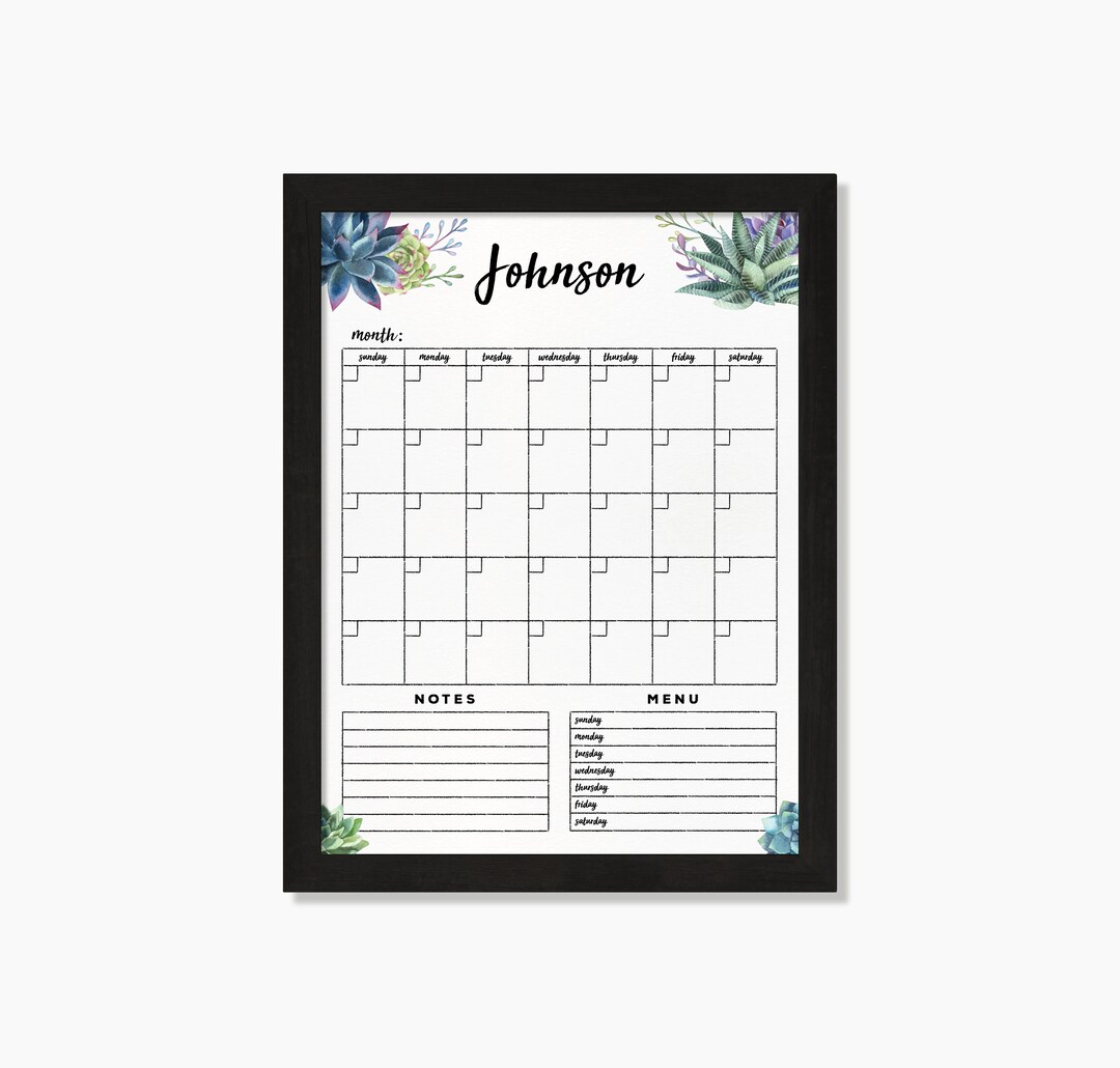 Watercolor Calendar Succulents Dry Erase Calendar MEDIUM Framed ...