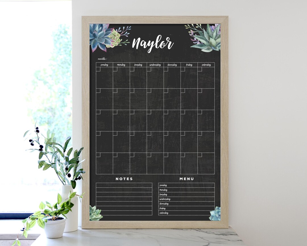 Chalkboard Succulent Calendar - Dry Erase LARGE Calendar - Watercolor ...