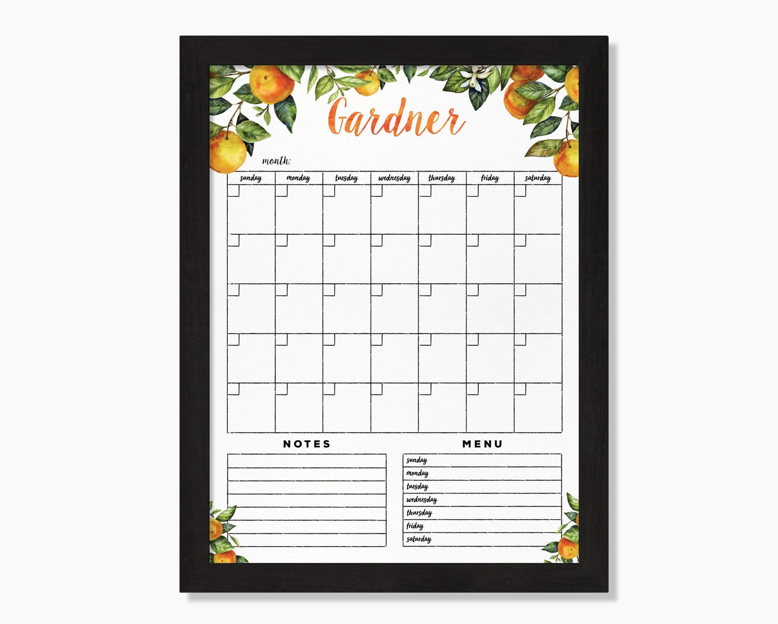 Watercolor Calendar Mandarin Orange - Dry Erase Calendar MEDIUM ...