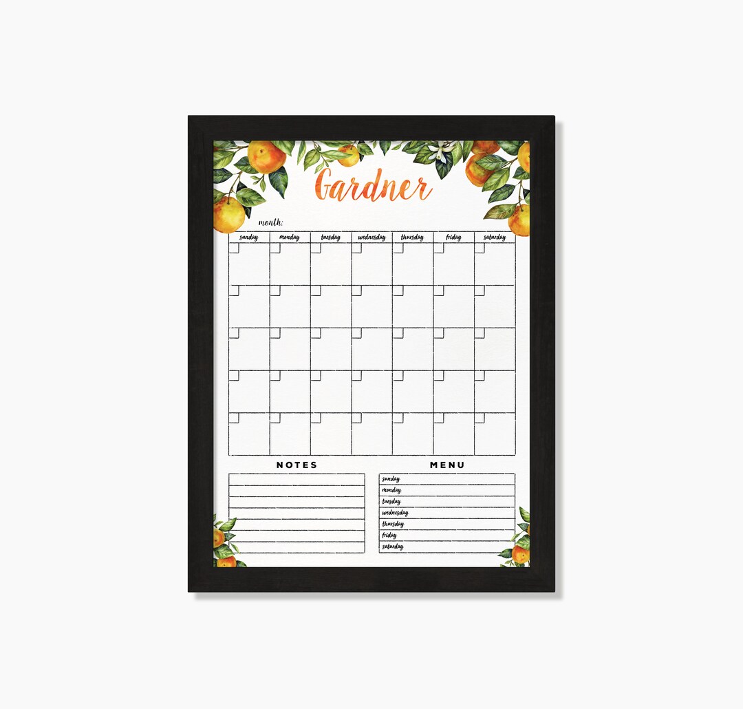 Watercolor Calendar Mandarin Orange Dry Erase Calendar MEDIUM Framed ...