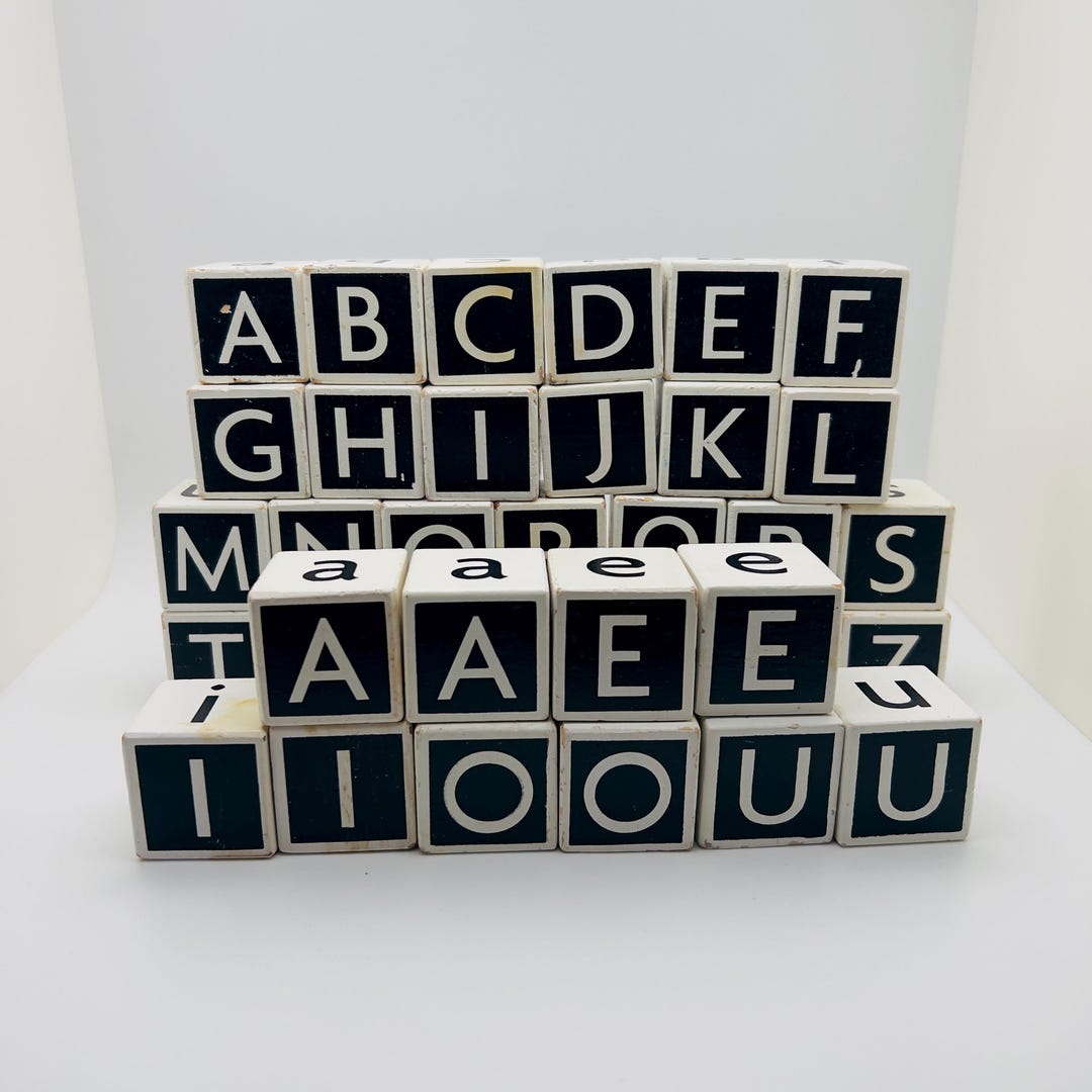 Vintage Wood Alphabet Blocks, Black & White Upper and Lower Case, Words ...