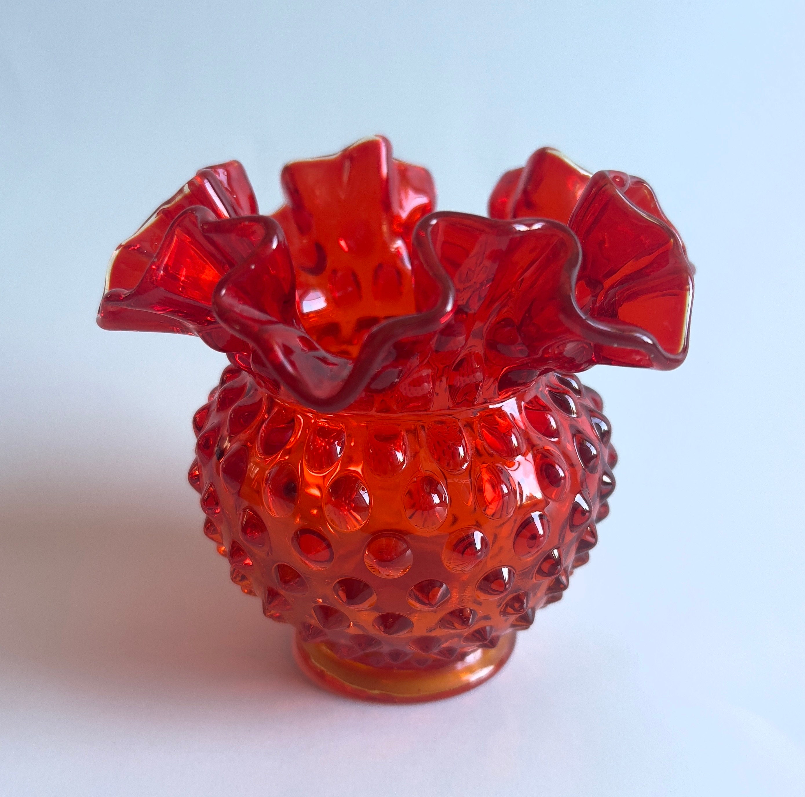 Fenton Amberina Hobnail Ruffled Ball Vase Crimped Edge Glows Reddish ...