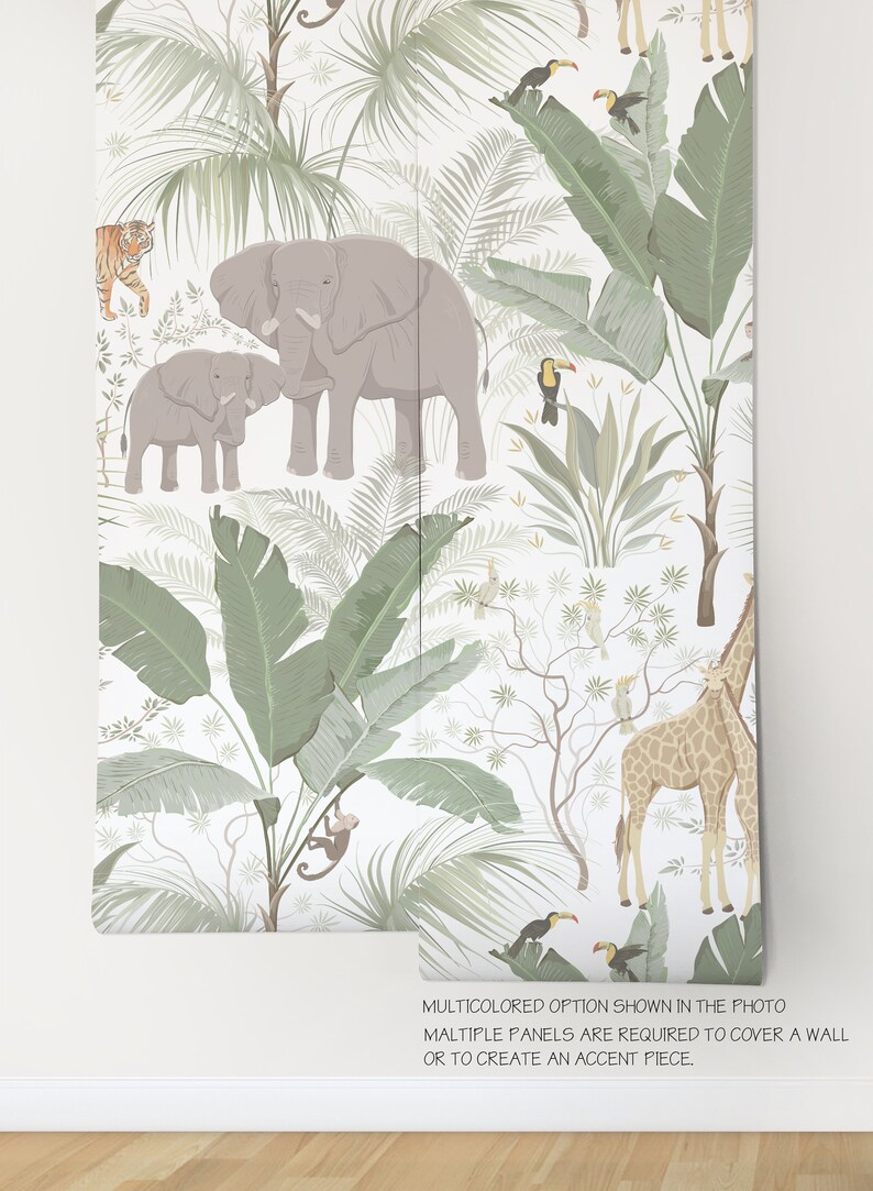 Jungle Animals Peel & Stick Fabric Wallpaper for Nursery or Boy's Room ...
