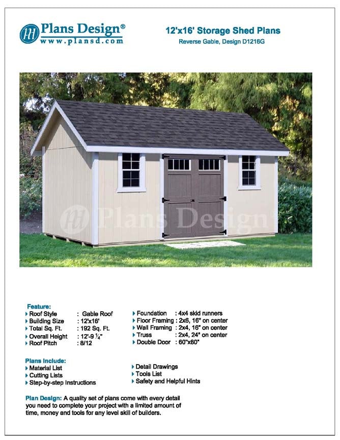 12' X 16' Storage Gable Shed Plans / Blueprints, Material List, Detail ...