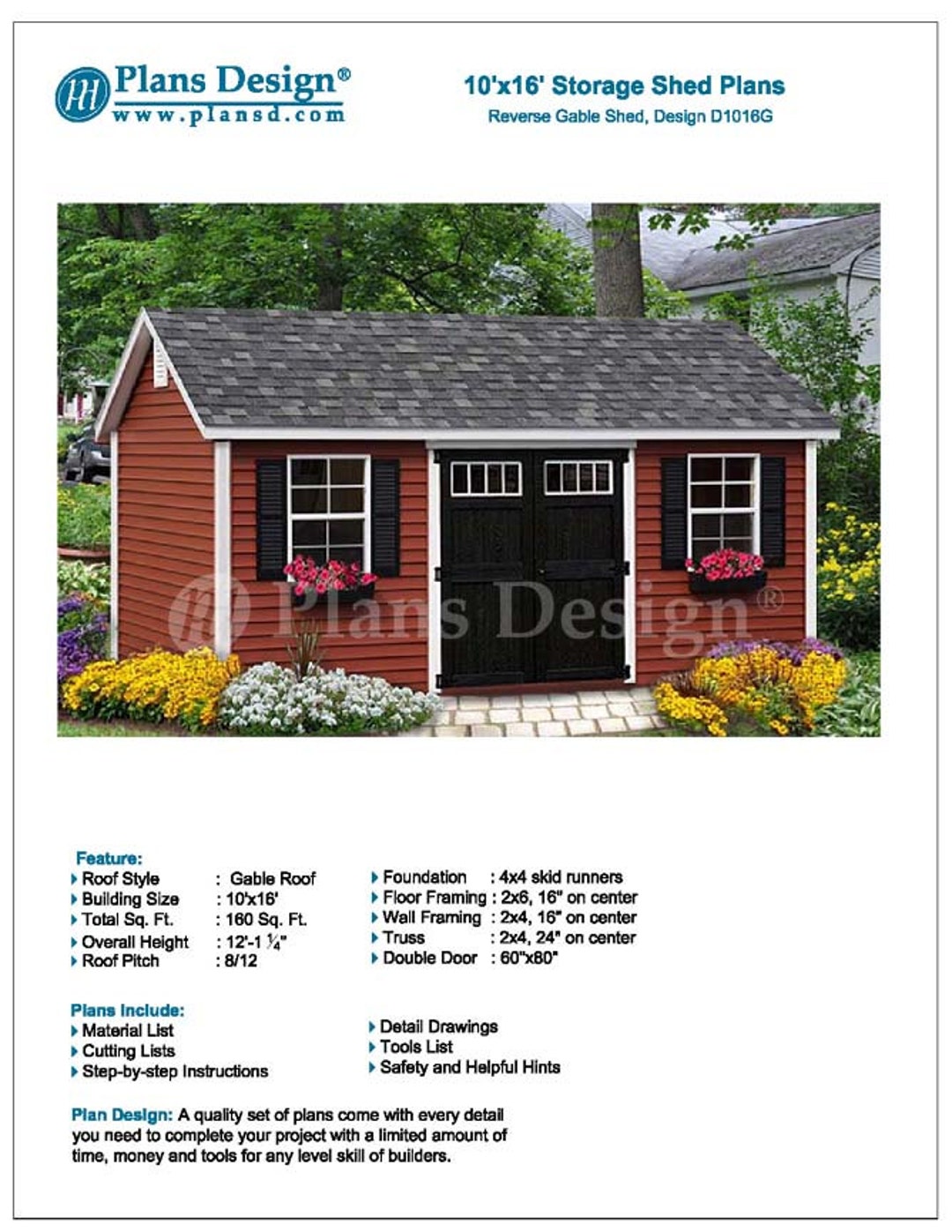 10' X 16' Backyard Garden Gable Shed Plans / Blueprints, Material List ...