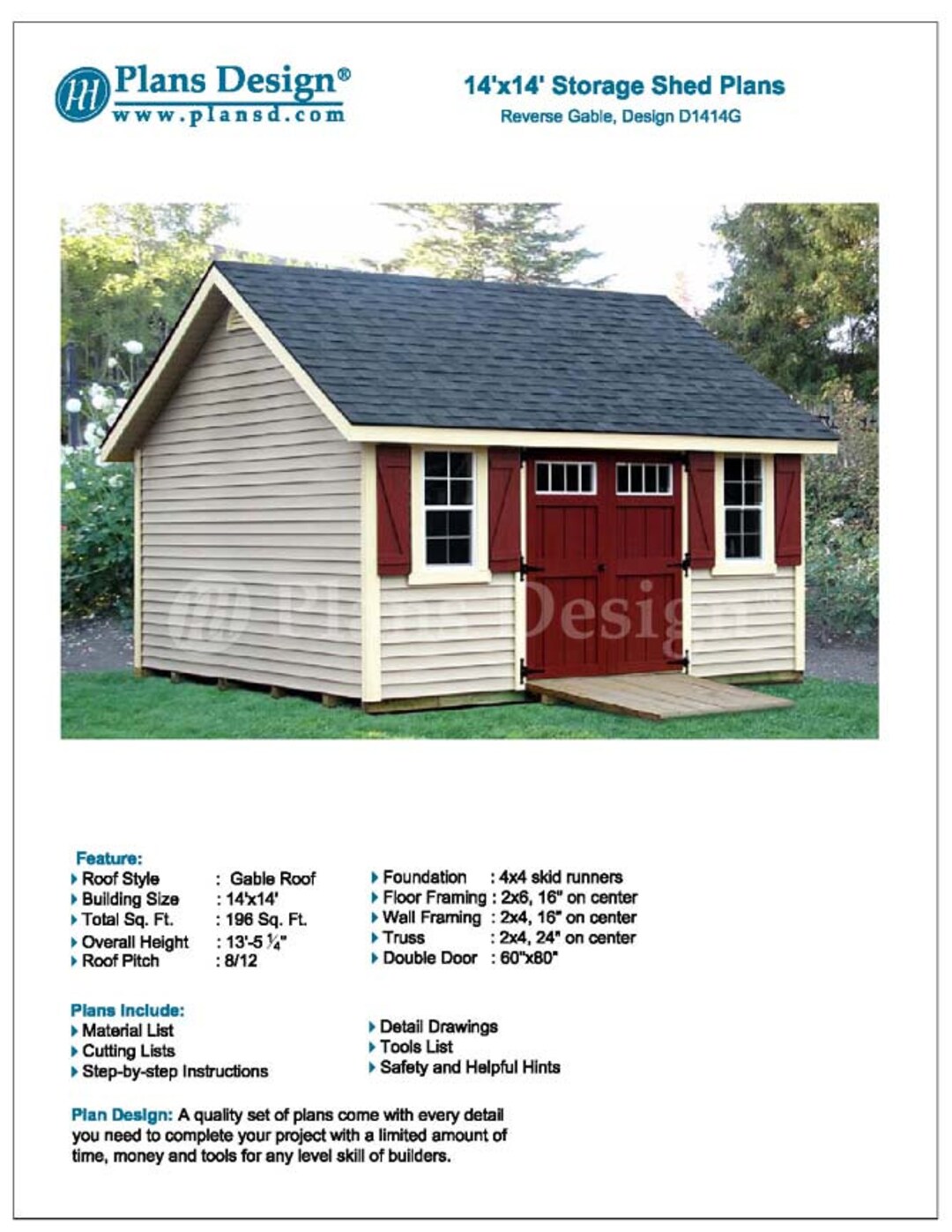 14' X 14' Garden Storage Shed Plans Building Blueprints, Material List ...