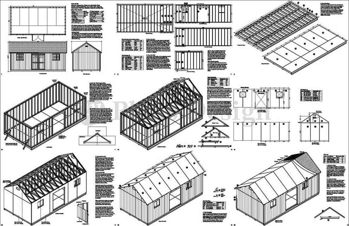 12' X 24' Storage Gable Shed Plans / Blueprints, Material List, Detail ...