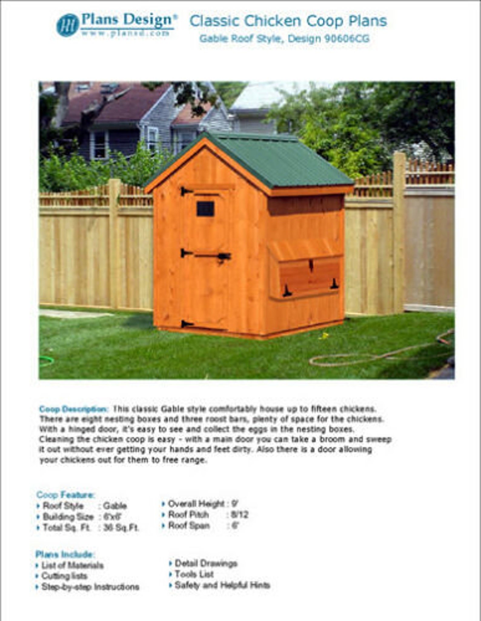 Chicken Coop Plans, 6 by 6 Full Size Kennel / Hen House, Gable Roof ...