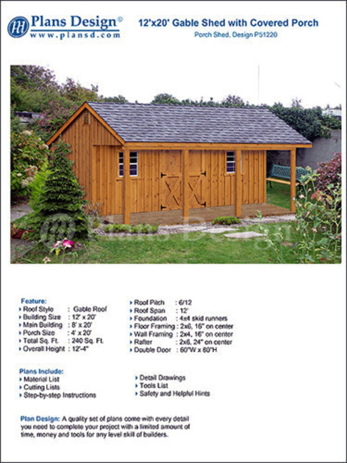 12' X 20' Shed With Porch, Guest House, Cottage or Cabin Building Plans ...