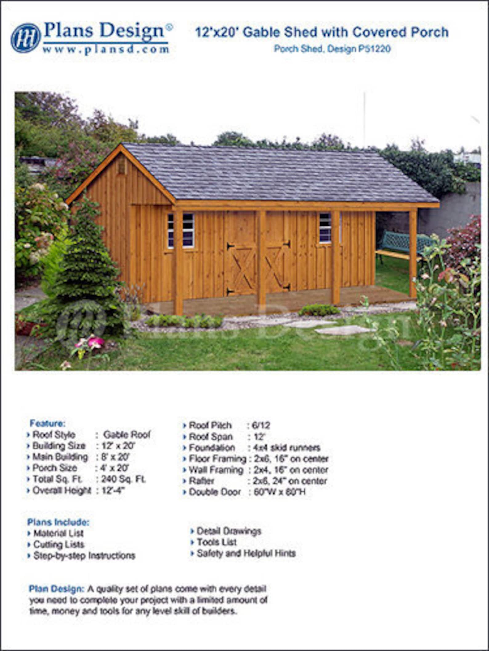 12' X 20' Shed With Porch, Guest House, Cottage or Cabin Building Plans ...