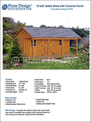 12' X 20' Shed With Porch, Guest House, Cottage or Cabin Building Plans ...