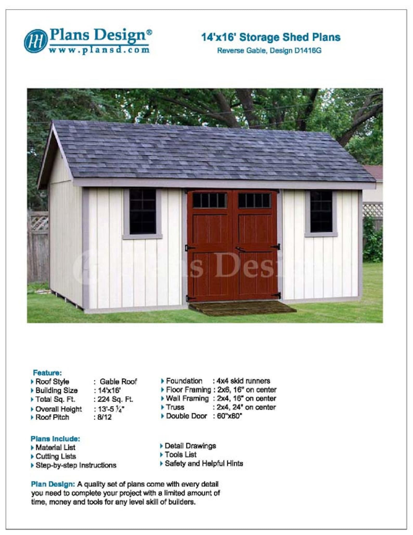 14' X 16' Backyard Storage Shed Plans Building Blueprints, Material ...