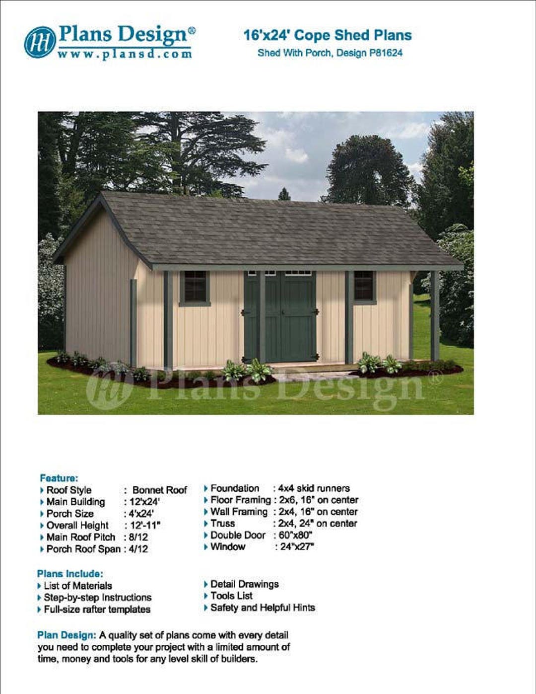 16' X 24' Guest House / Storage Shed With Porch Plans / Blueprints ...