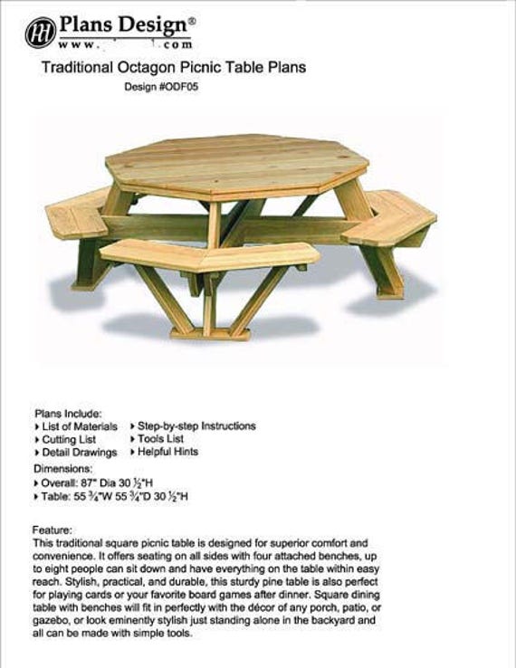 Traditional Back Yard Garden Octagon Picnic Table Woodworking - Etsy