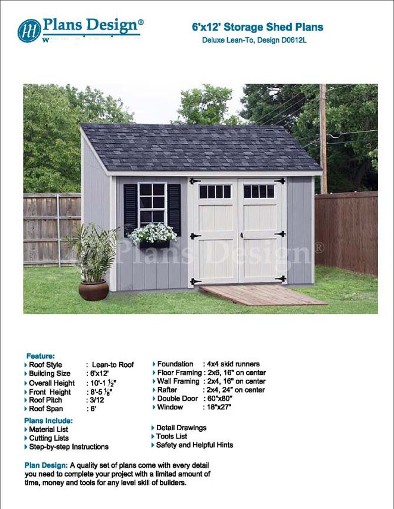 6' X 12' Garden Storage Lean-to Shed Plans / Blueprints, Material List ...