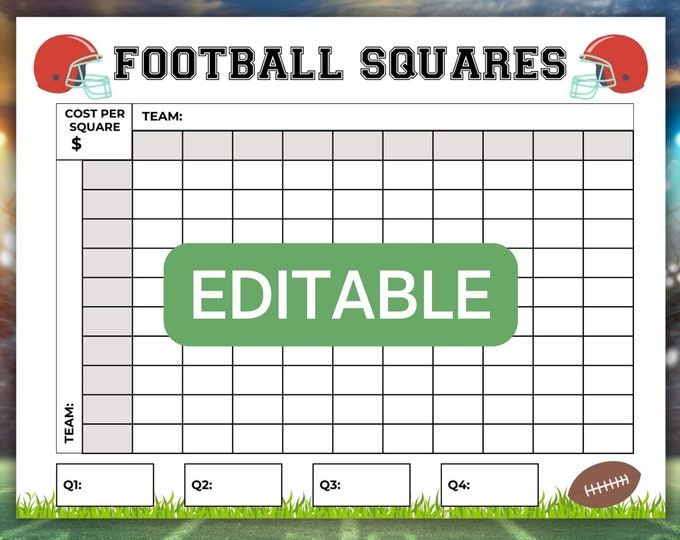 4-quarter Football Squares Download & Print ANY Football Game 11x8.5 ...