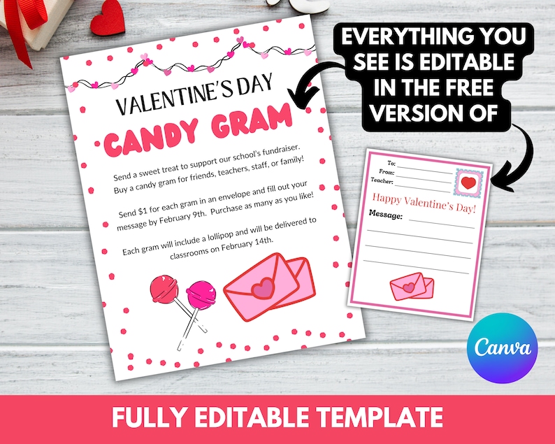 Editable Valentine's Day Candy Gram Form, Valentine School Fundraiser ...