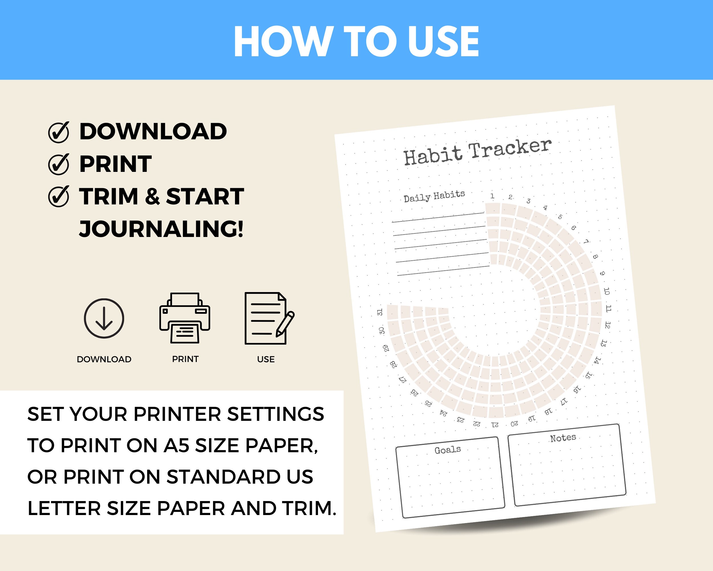 Printable Bullet Journal Pages, Premade Bullet Journal Printable, Habit ...