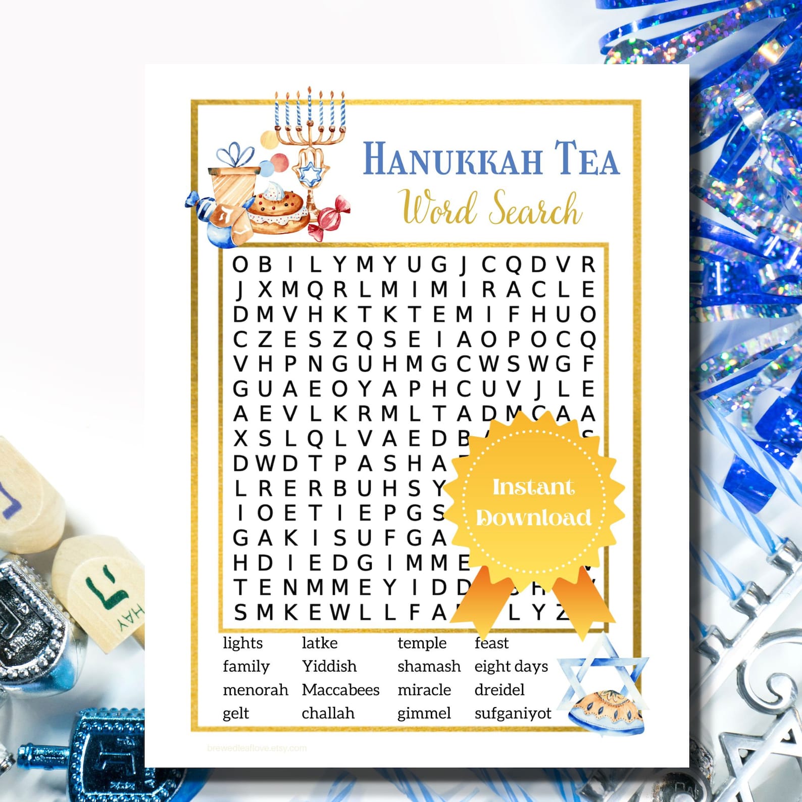 Hanukkah Tea Party Game, Word Search Game, Festival of Lights Game ...