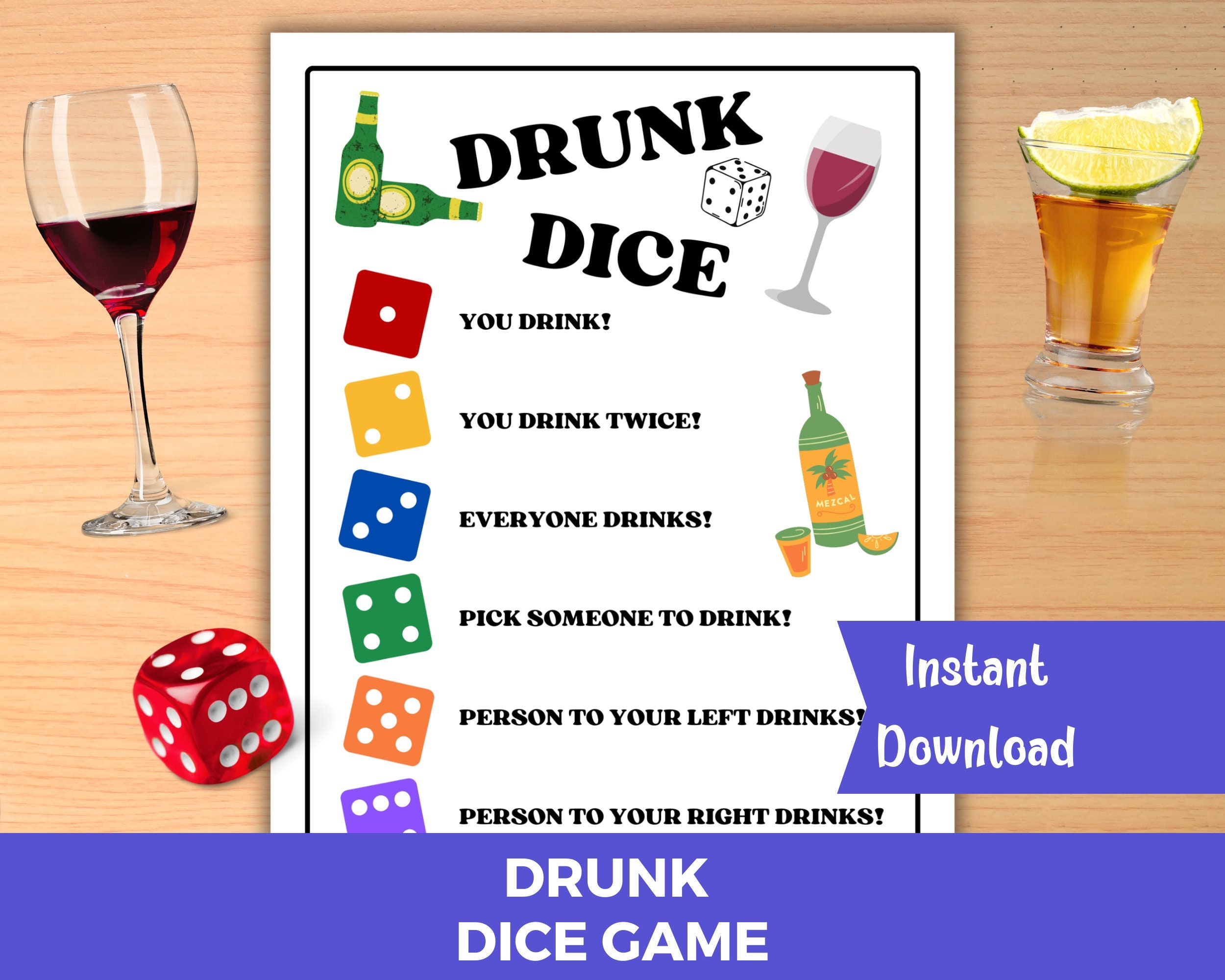 Drunk Dice Game Printable Adult Drinking Game Bachelorette Drinking