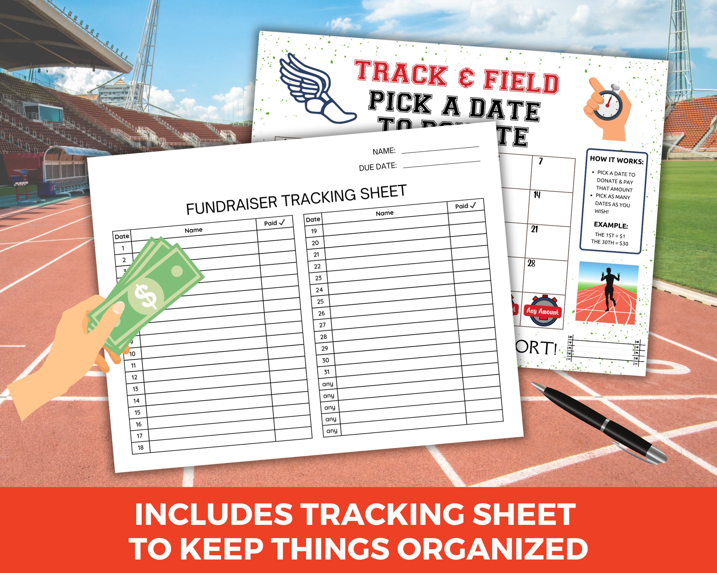 Track Fundraiser Calendar, Pick a Date to Donate Calendar, Cash ...