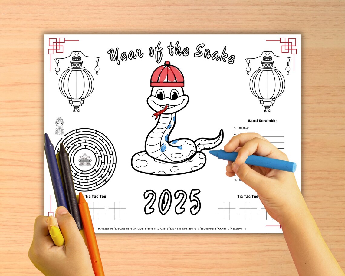 Lunar New Year Coloring Placemat, 2025 Year of the Snake Coloring Page ...