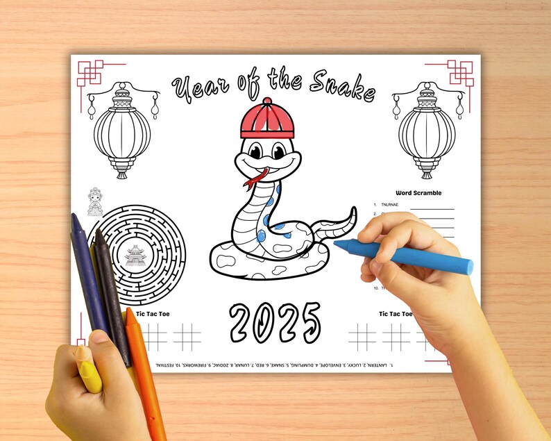 Lunar New Year Coloring Placemat, 2025 Year of the Snake Coloring Page ...
