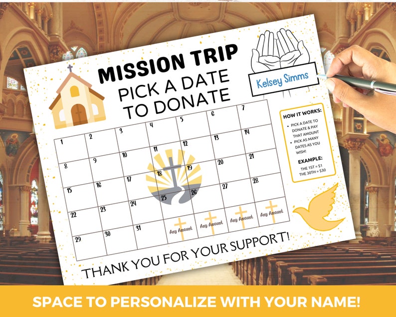 Mission Trip Fundraiser Calendar, Pick a Date to Donate Calendar, Cash ...