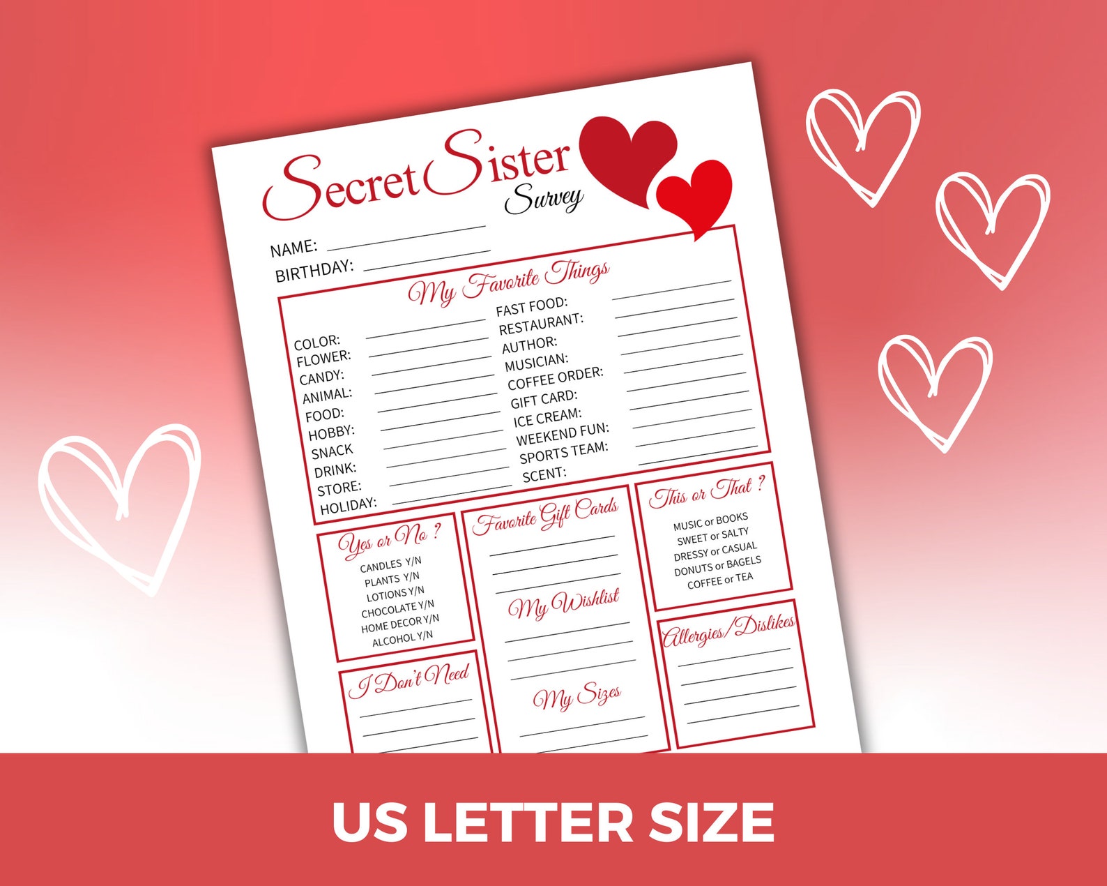 Secret Sister Gift Survey, Printable Secret Sister Form, Secret Sister ...