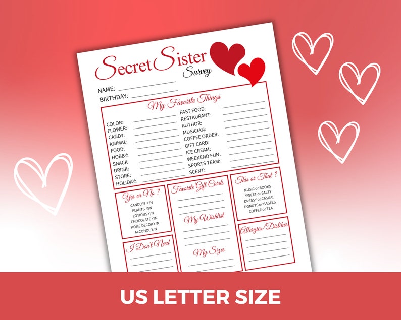 Secret Sister Gift Survey, Printable Secret Sister Form, Secret Sister ...