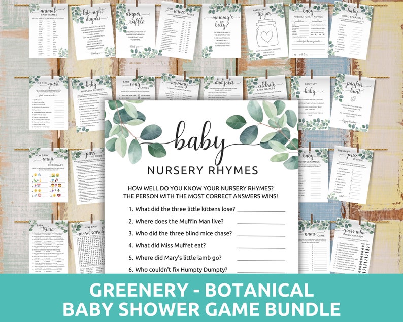 Greenery Baby Shower Game Bundle, Eucalyptus Baby Shower Games, Gender ...