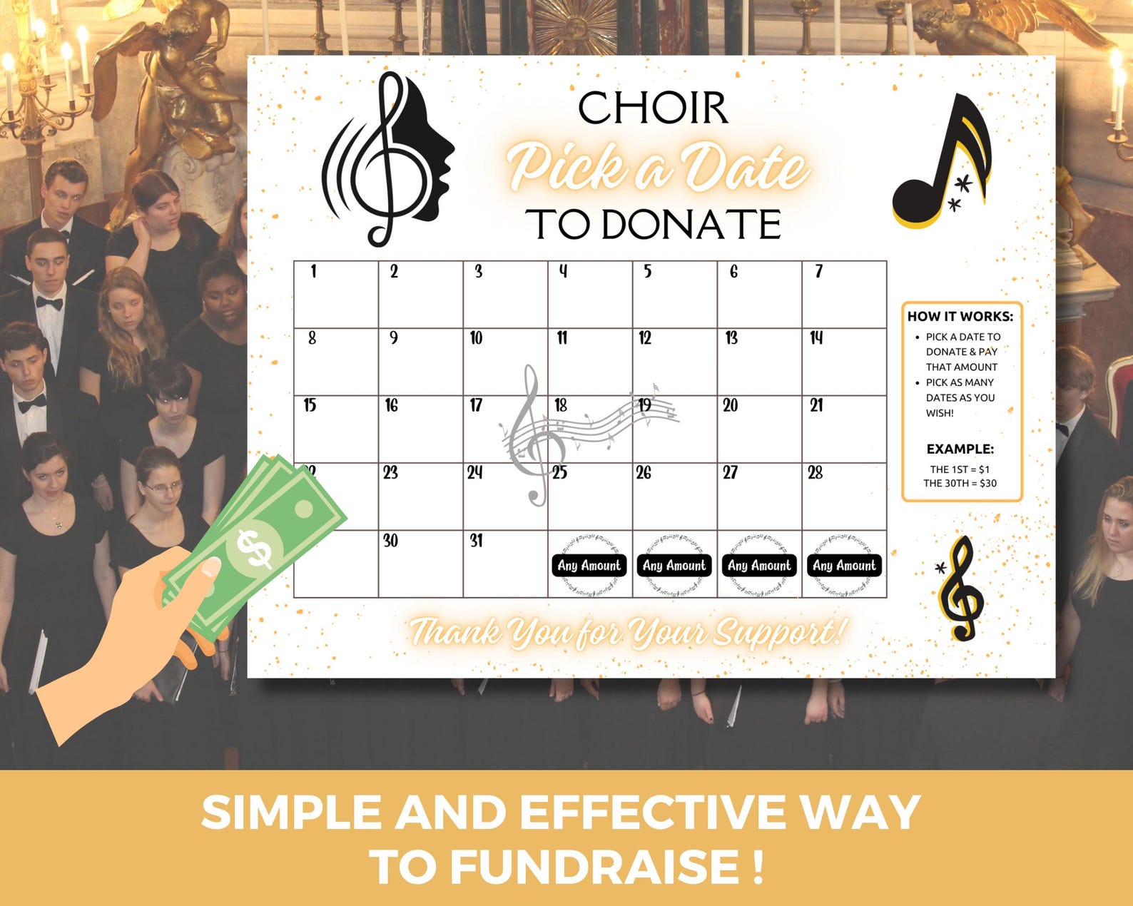 Choir Fundraiser Calendar, Pick a Date to Donate, Cash Calendar, Choir ...