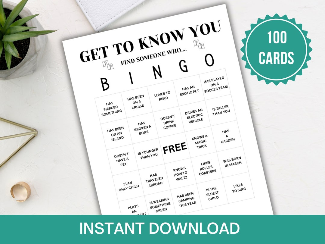 100 Get to Know You Bingo Cards, Find Someone Who, Find the Guest Bingo ...