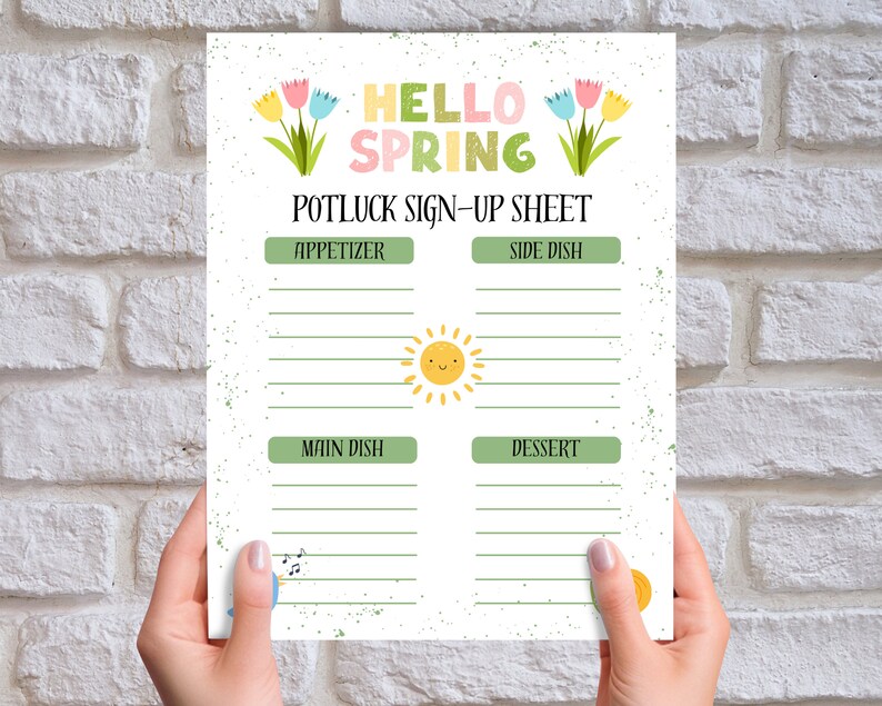 Spring Potluck Sign up Sheet, Spring Sign up Form, Potluck Sign up Form ...