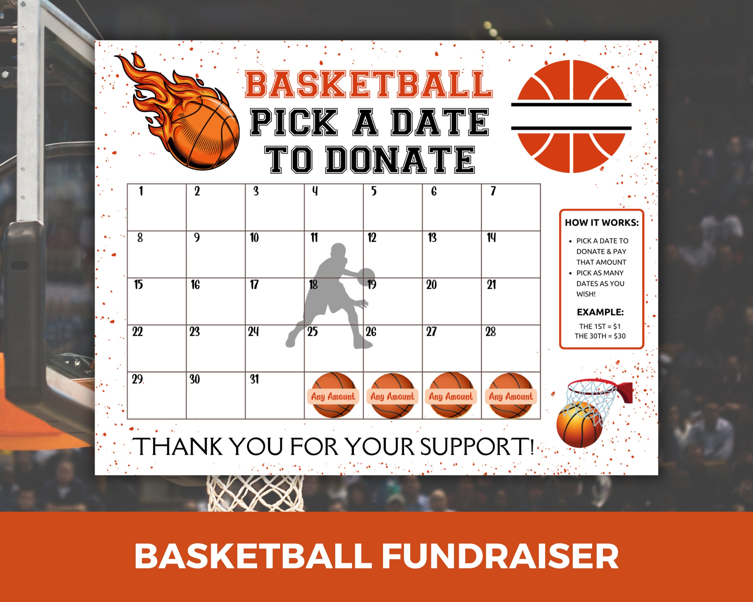 Basketball Fundraiser Calendar, Pick a Date to Donate Calendar, Cash ...