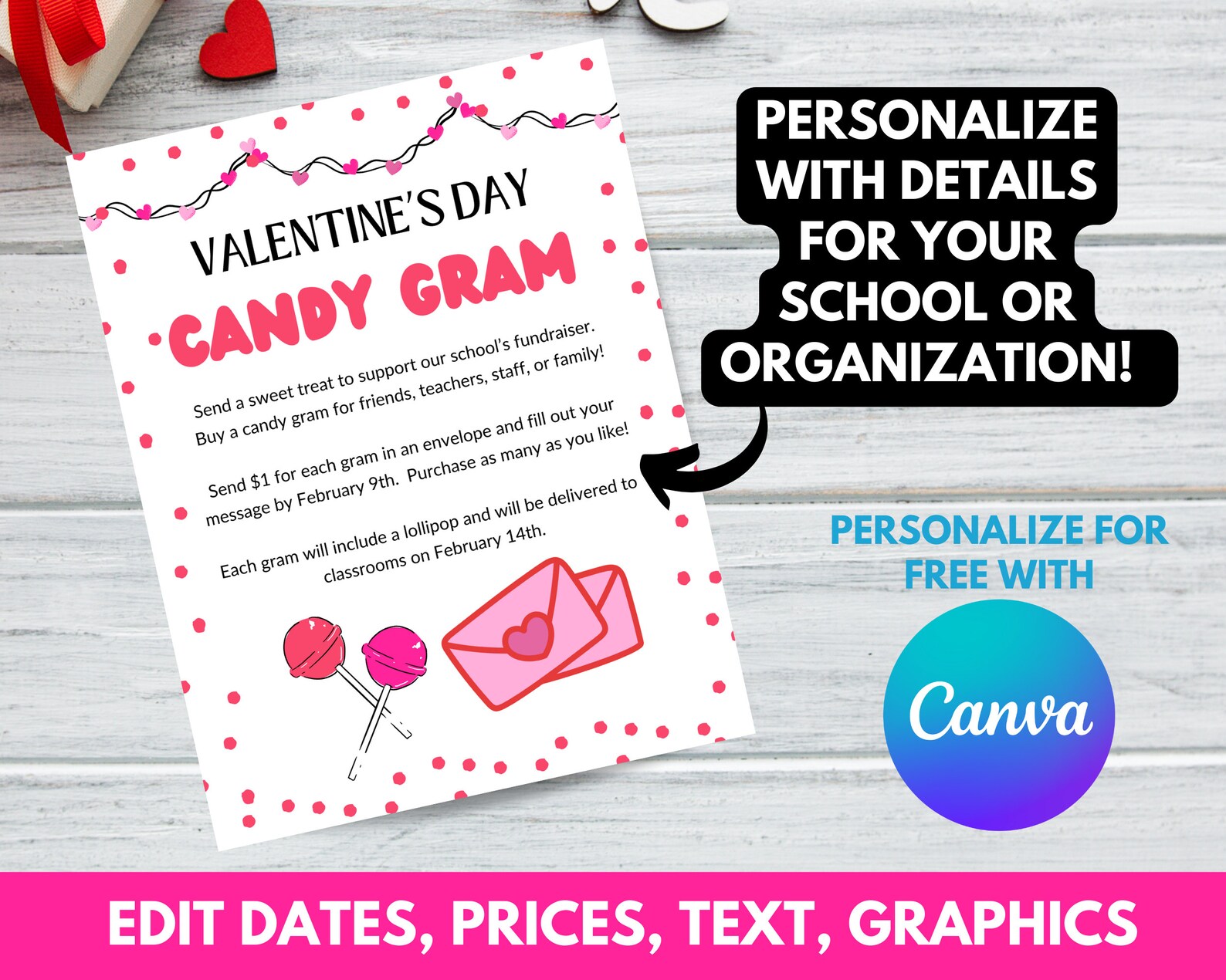 Editable Valentine's Day Candy Gram Flyer, Valentine School Fundraiser ...