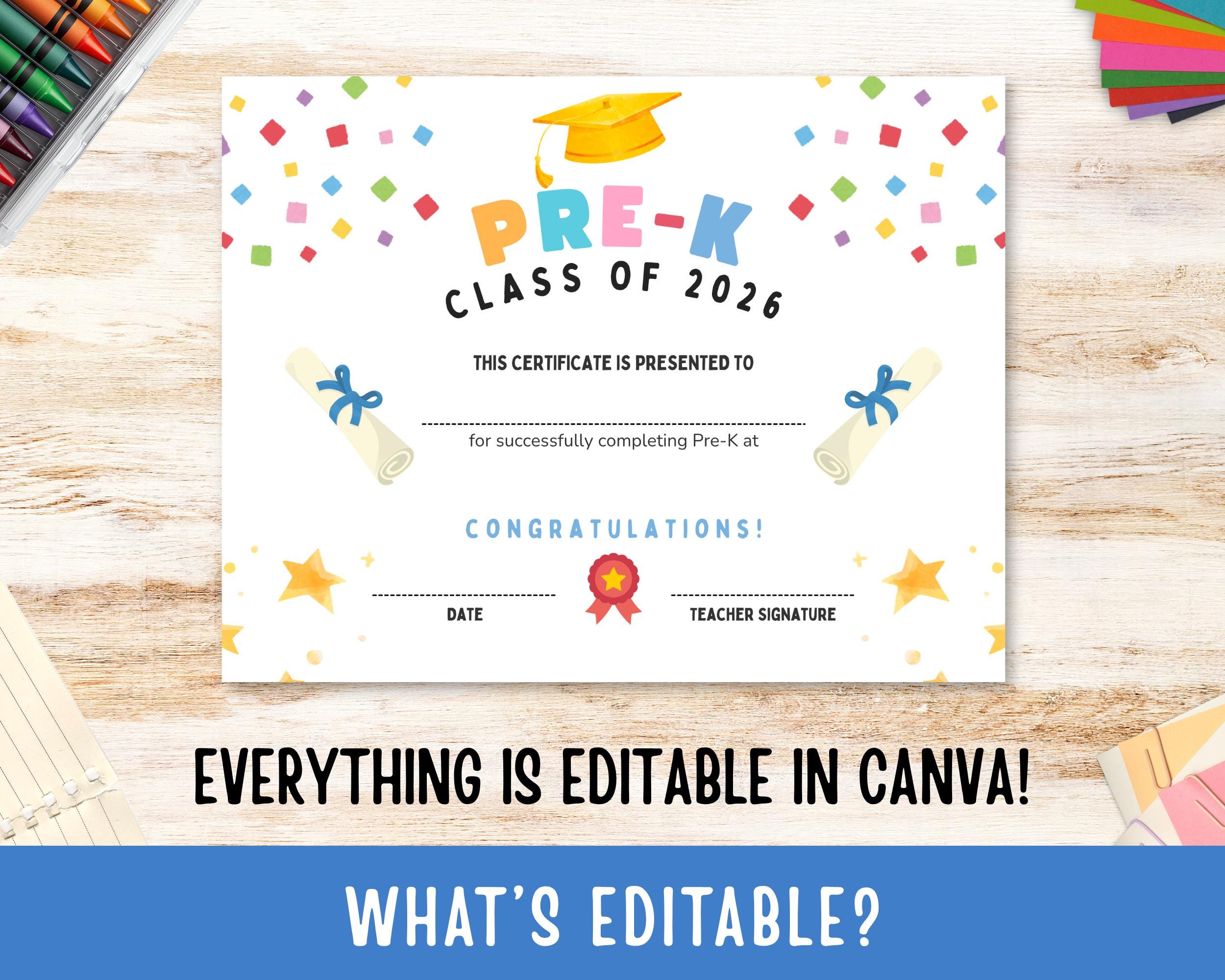 Editable Pre-k Graduation Certificate, Class of 2026 Diploma, Printable ...