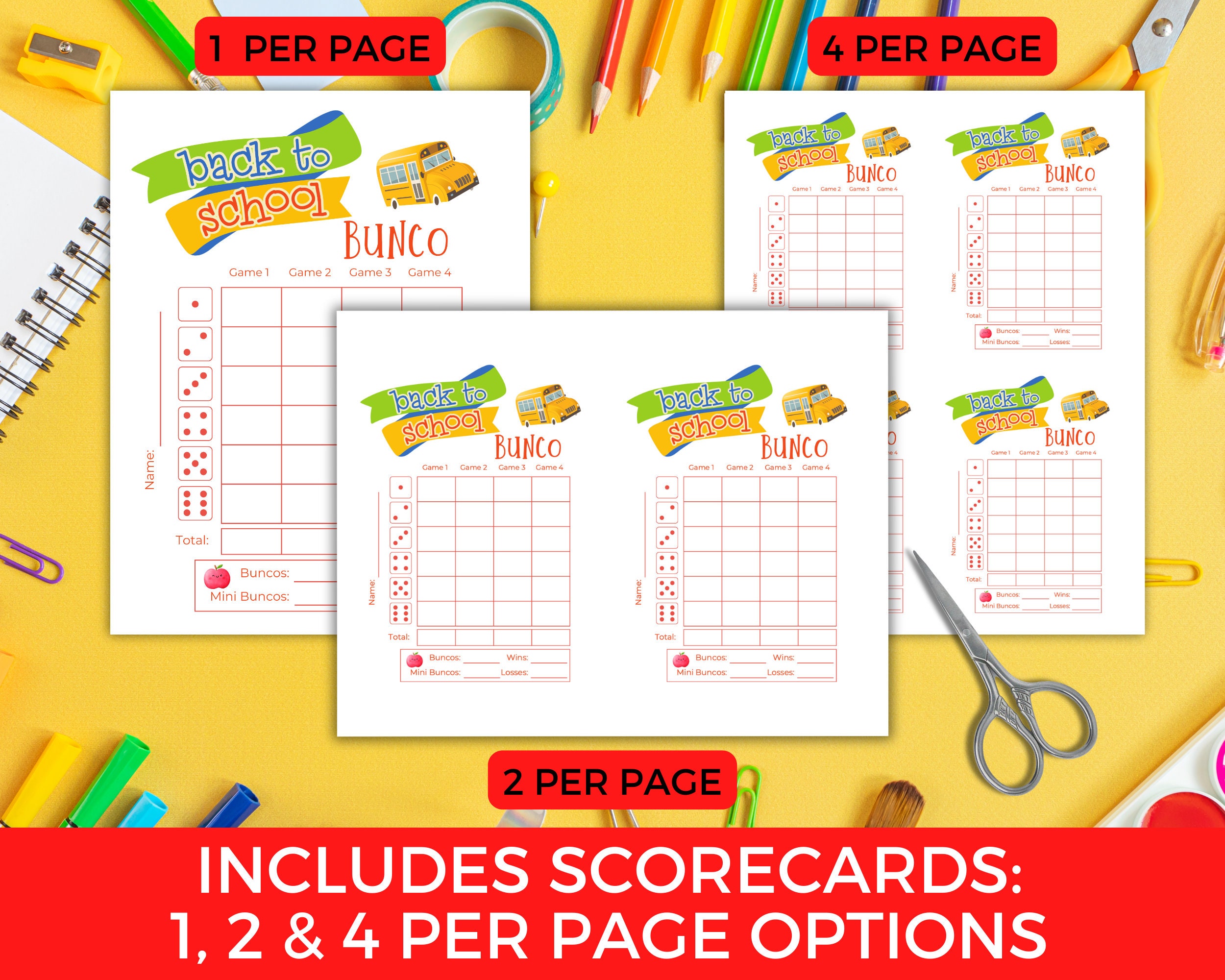 Back to School Bunco Score Sheets, School Days Bunco Score Cards ...
