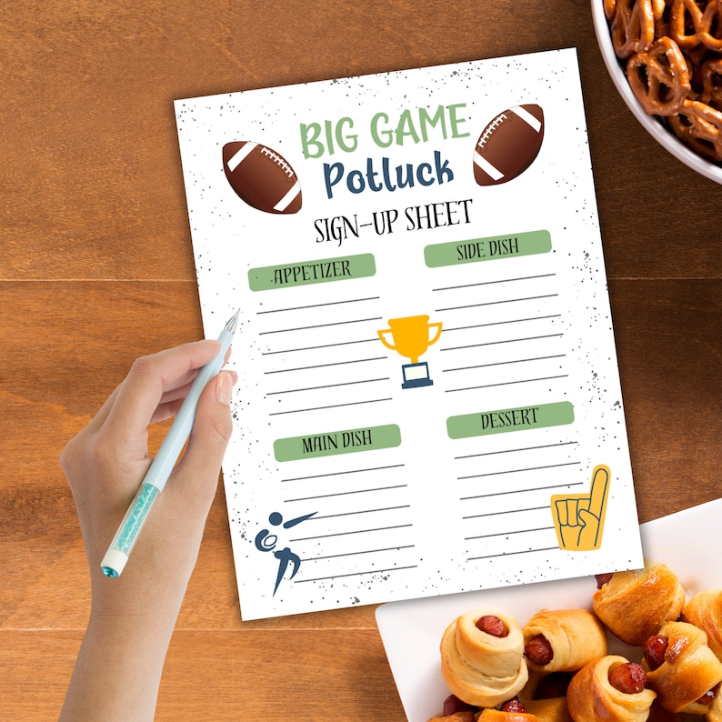 Football Potluck Sign up Sheet, Big Game Menu, Potluck Sign up Form ...