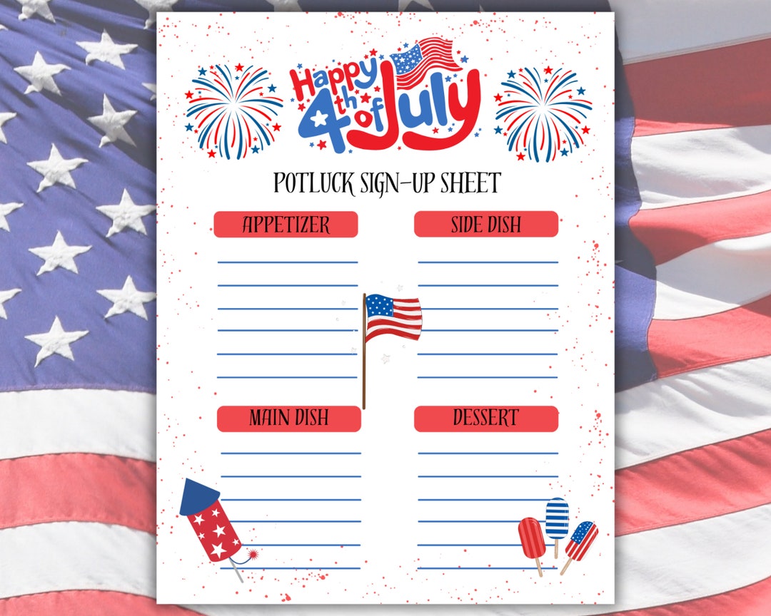 July 4th Potluck Sign up Sheet, 4th of July Sign up Form, Independence ...