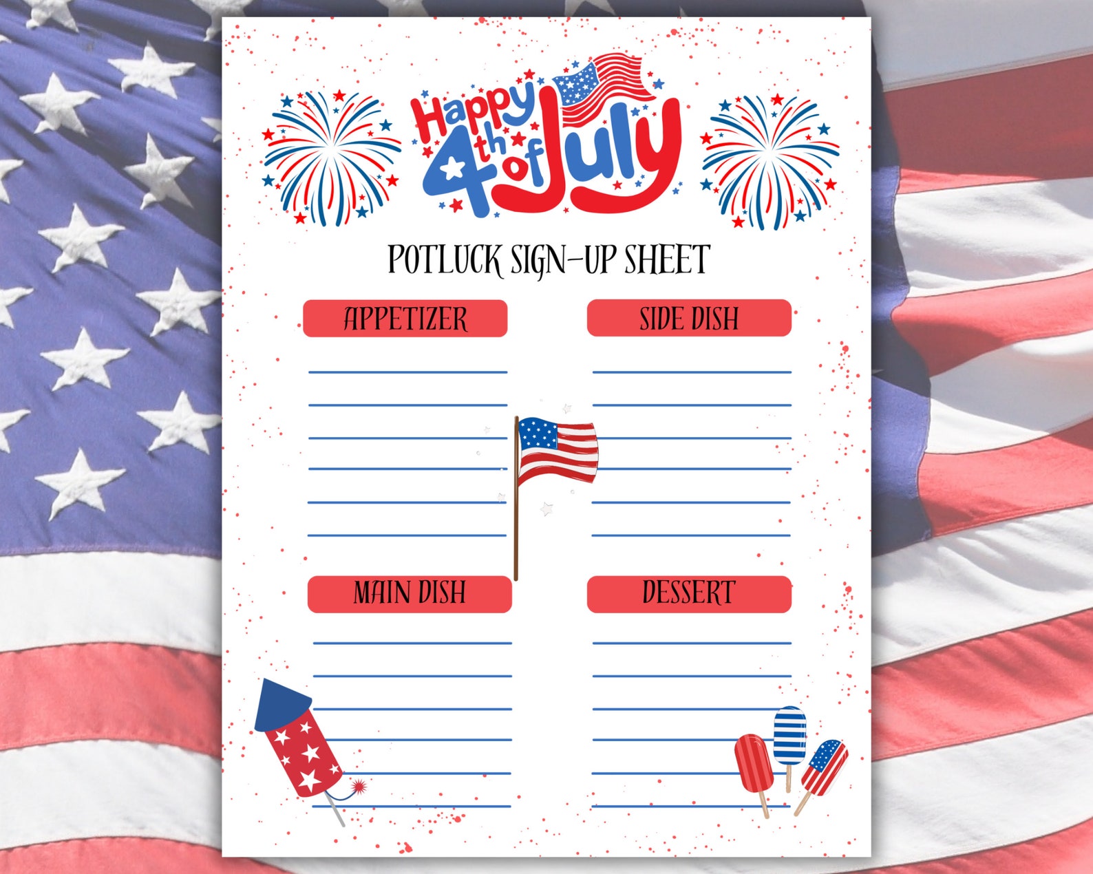 July 4th Potluck Sign up Sheet, 4th of July Sign up Form, Independence ...