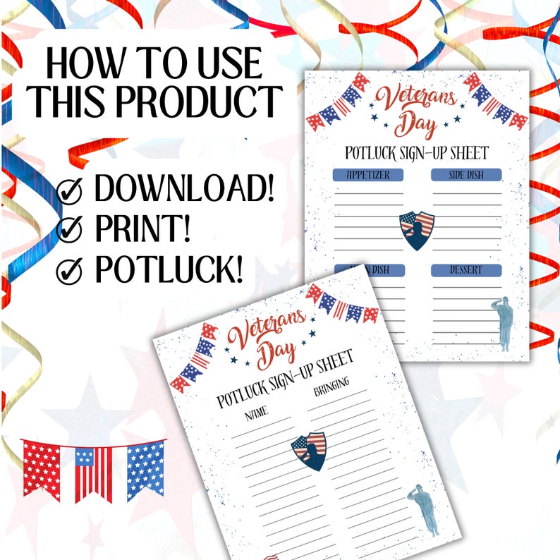 Veterans Day Potluck Sign up Sheet, Veterans Day Menu, Potluck Sign up ...