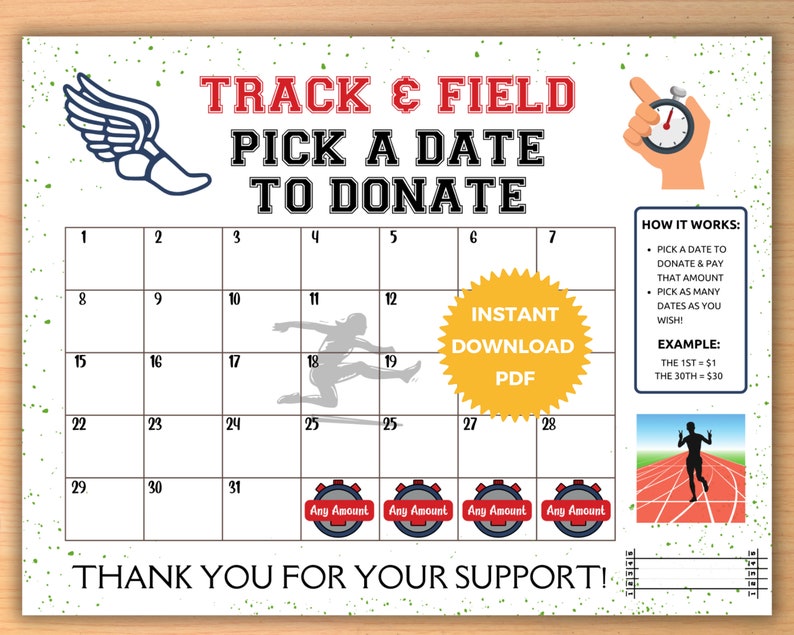 Track Fundraiser Calendar, Pick a Date to Donate Calendar, Cash ...